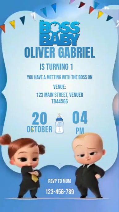 Blue Joyful Boss Baby Birthday Invitation Template Digital Display (9: ...