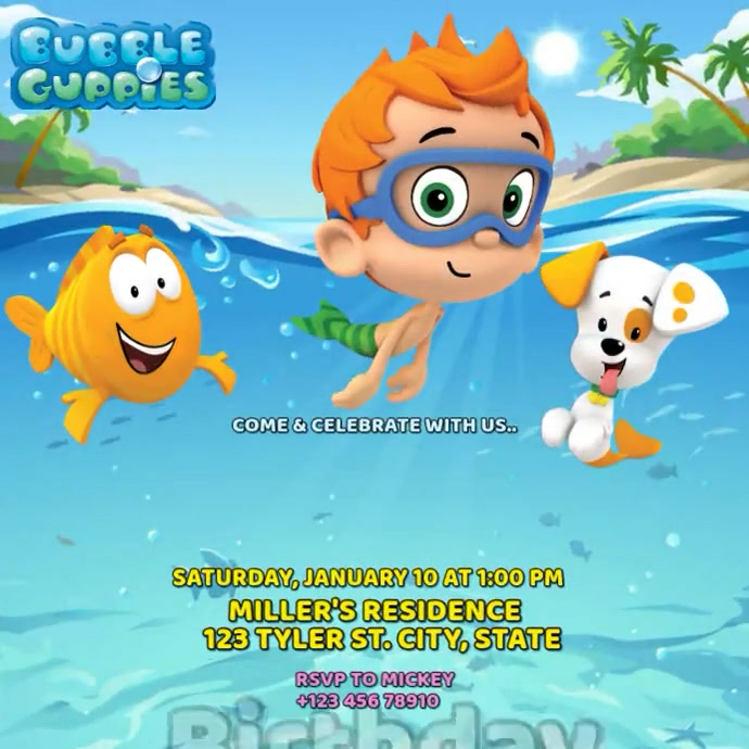 Blue Joyful Bubble Guppies Birthday Instagram Post Template | PosterMyWall