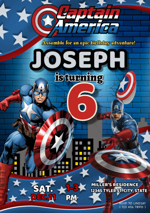 Blue Joyful Captain America Birthday Invitation A4 Template | PosterMyWall