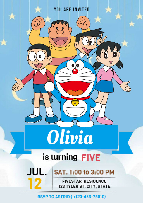 Blue Joyful Cartoon-doraemon -birthday-invitation-card A4 Template ...