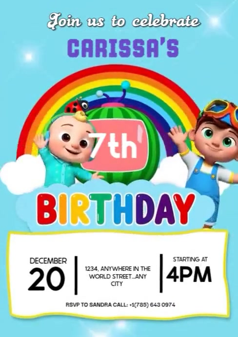 Plantilla de Blue Joyful Cocomelon Rainbow Birthday Invitation - Video ...