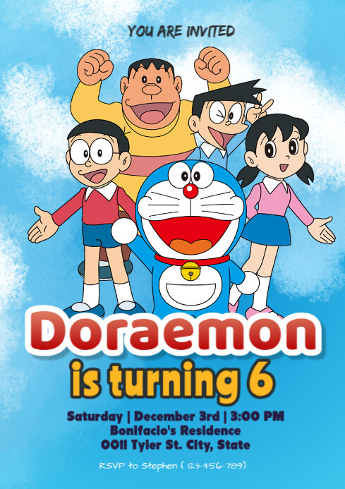 Blue Joyful Doraemon Birthday Invitation A4 Template | PosterMyWall
