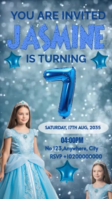 Copy of Blue Joyful Girl's 7th Birthday Party Invite Digital Display (9 ...