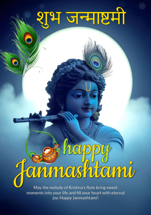 Blue Joyful Happy Krishna Janmashtami A4 Template | PosterMyWall