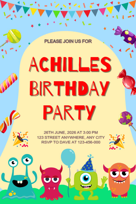 blue joyful illustrative monsters theme birthday poster Template ...