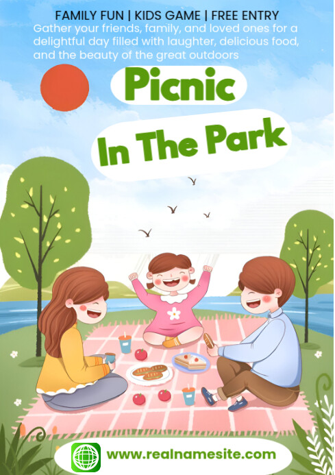 Blue Joyful Illustrative Picnic In The Park A4 Template | PosterMyWall