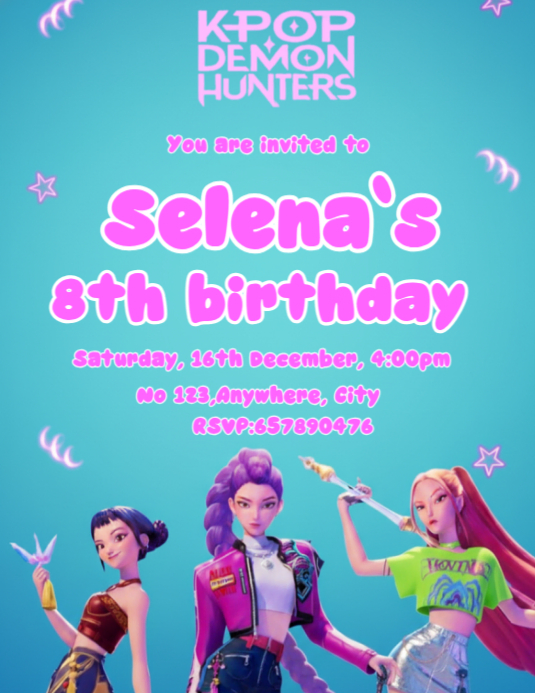 Modèle Blue Joyful Kpop Demon Hunters Birthday Invitation Flyer (us ...