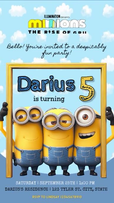 Plantilla de Blue Joyful Minions Birthday Invitation Instagram Story ...