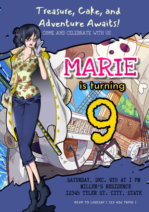 Blue Joyful One Piece Nico Robin Birthday A4 Template | PosterMyWall