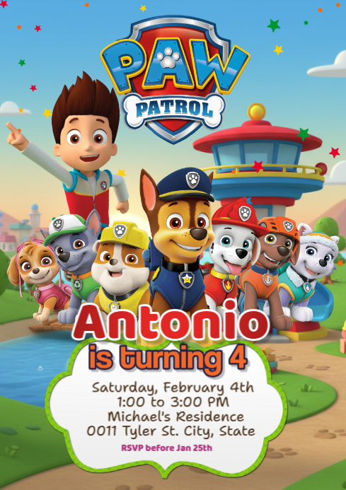 Blue Joyful Paw Patrol Birthday A4 Template | PosterMyWall