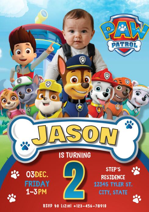 Blue Joyful Paw Patrol Birthday A4 Template | PosterMyWall