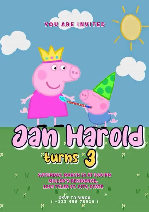 Blue Joyful Peppa Pig Birthday Video Invitation A4 Template | PosterMyWall