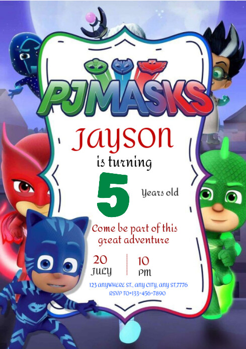 Copy of Blue Joyful Pj Masks Party Invitation A4 | PosterMyWall