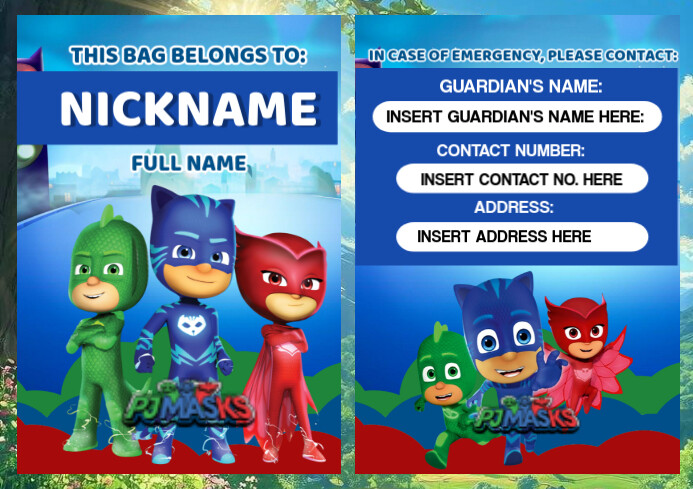 Blue Joyful Pj Masks Theme Bag Tag A4 Template | PosterMyWall