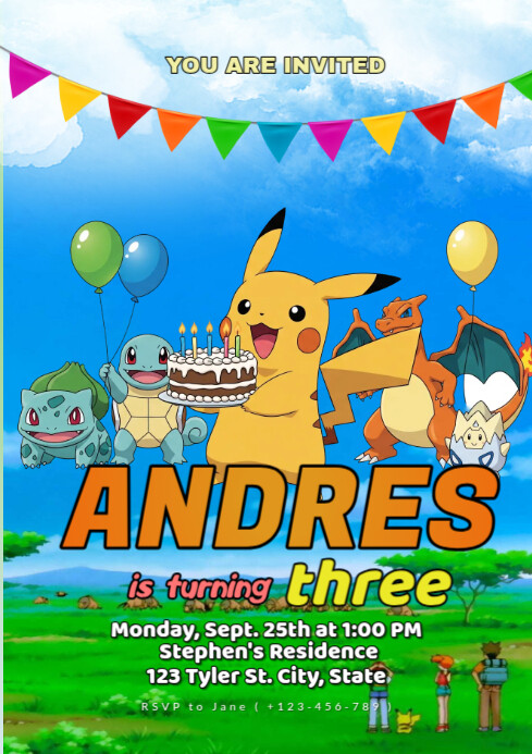 Plantilla de Blue Joyful Pokemon Birthday A4 | PosterMyWall