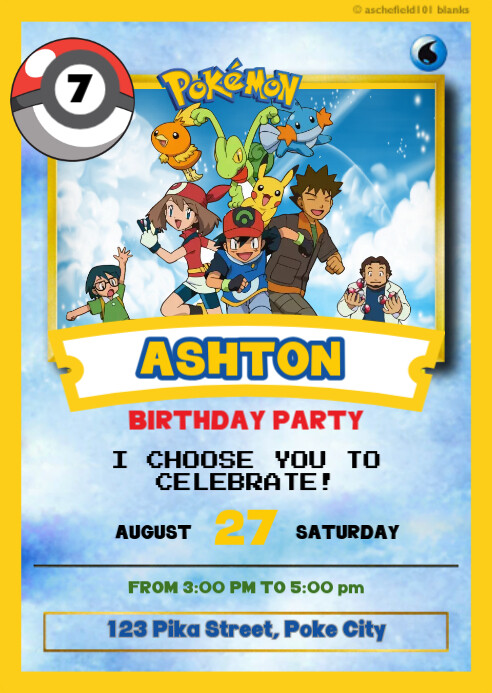 Blue Joyful Pokemon Birthday Invitation Illustrative A6 Template ...