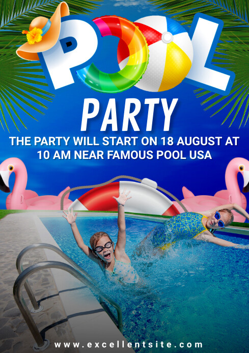 Blue Joyful Pool Party A4 Modelo | PosterMyWall