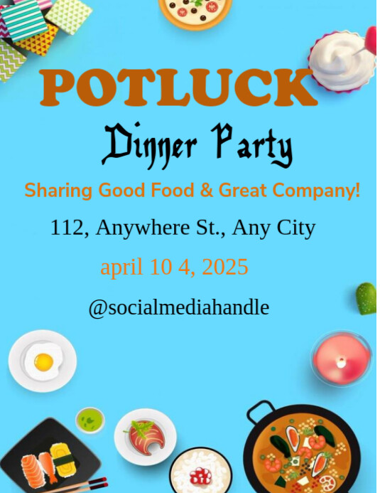 Blue Joyful Potluck Dinner Party Flyer (us Letter) Template | PosterMyWall