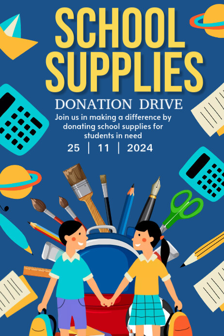 Blue Joyful School Supplies Donation Drive Poster Template | PosterMyWall