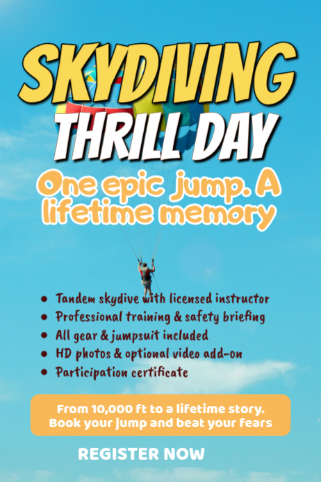 Blue Joyful Skydiving Thrillday Poster Template | PosterMyWall