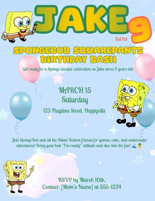 Blue Joyful Spongebob-themed Birthday Party Flyer (us Letter) Template ...