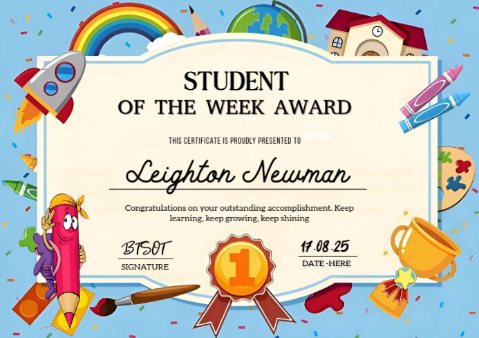 Copy of Blue Joyful Student Of The Week Certificate A4 | PosterMyWall