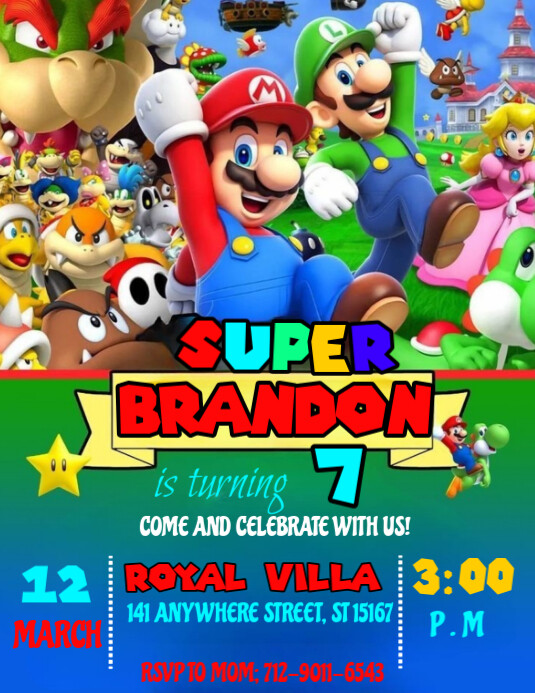 Blue Joyful Super Mario Birthday Party Invitation Flyer (us Letter ...