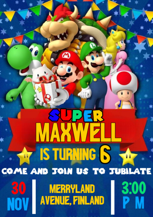 Plantilla de Blue Joyful Super Mario Birthday Party Invitation Flyer A4 ...
