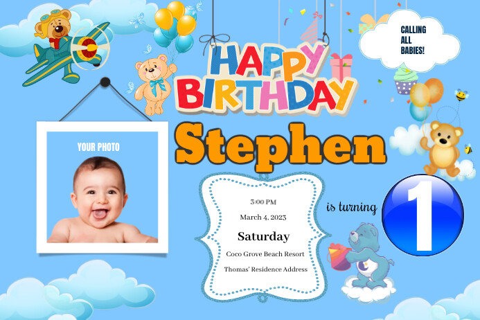 Blue Joyful Teddy Bear Birthday Banner 4' × 6 Template | PosterMyWall