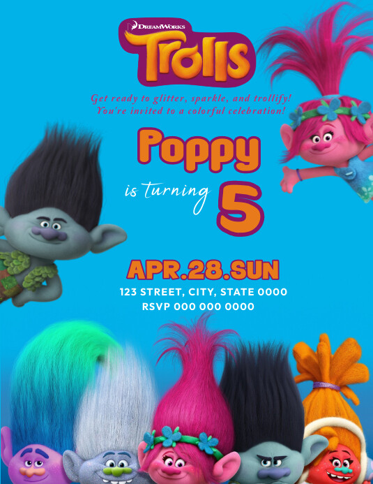 Blue Joyful Trolls Birthday Invitation Flyer Template | PosterMyWall
