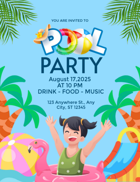 Blue Joyful You Are Invited To Pool Party Flyer (us Letter) Template ...