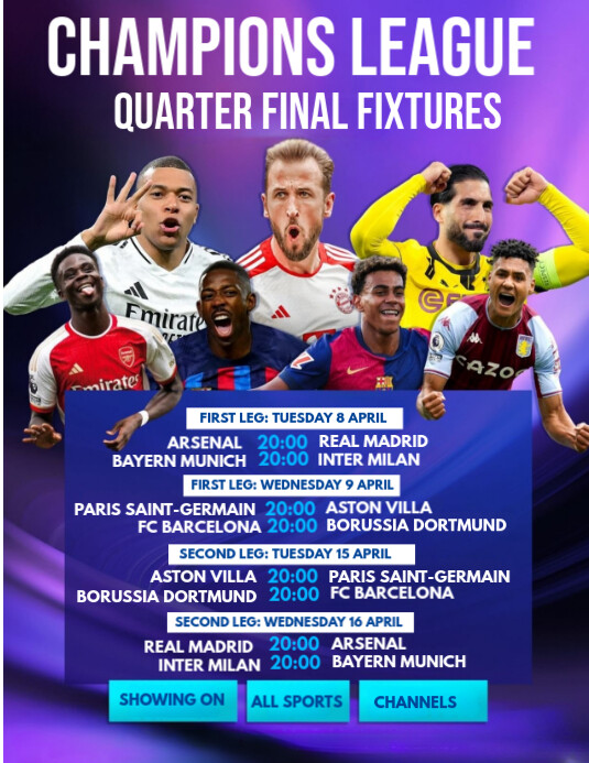 Blue List-based Champions League Quarter Final Fixtures Flyer (us ...