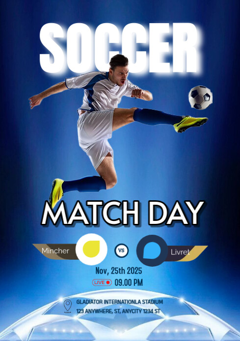Blue Macth Day Soccer A4 Template | PosterMyWall