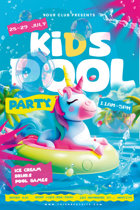 Blue Maximalist 3D Kids Pool Party Poster Template | PosterMyWall