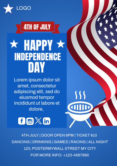 Blue Maximalist 4th Of July Party Invite A4 Template | PosterMyWall