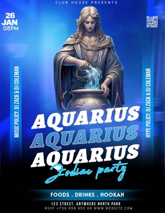 Blue Maximalist Aquarius Zodiac Party 2026 Flyer (us Letter) Template ...