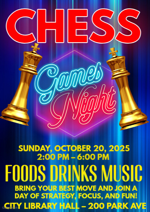 Plantilla de Blue Maximalist Chess Game Day A4 | PosterMyWall