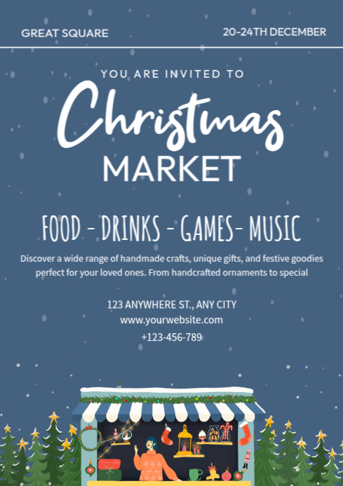 Blue Maximalist Christmas Market Advertisement Flyer Template Design A4 ...