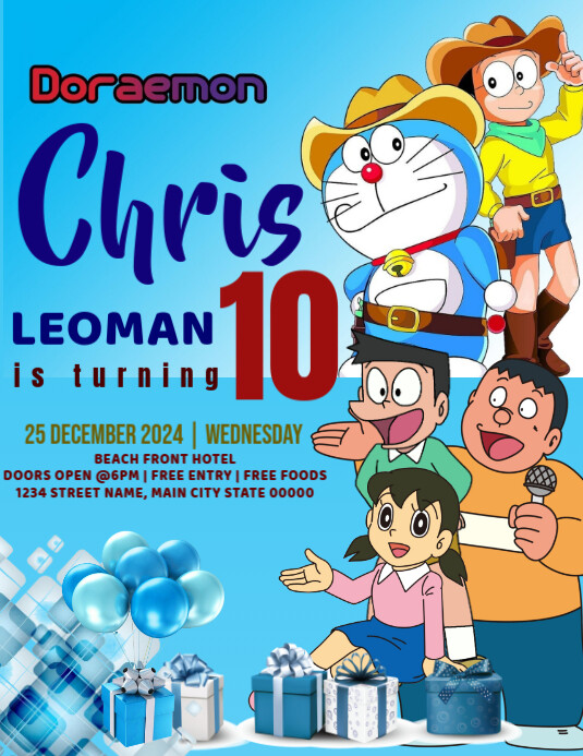 Plantilla de Blue Maximalist Doraemon Birthday Flyer (us Letter ...