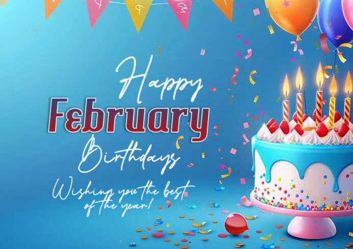 Blue Maximalist Happy February Birthdays A4 Template | PosterMyWall