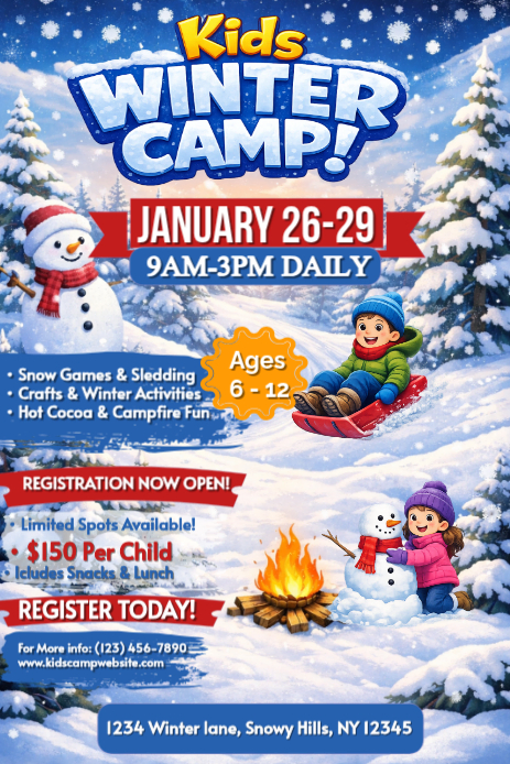 Blue Maximalist Kids Winter Camp Poster Pinterest Graphic Template ...