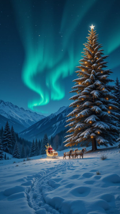 Blue Maximalist Magical Christmas Night Background With Aurora & Santa ...