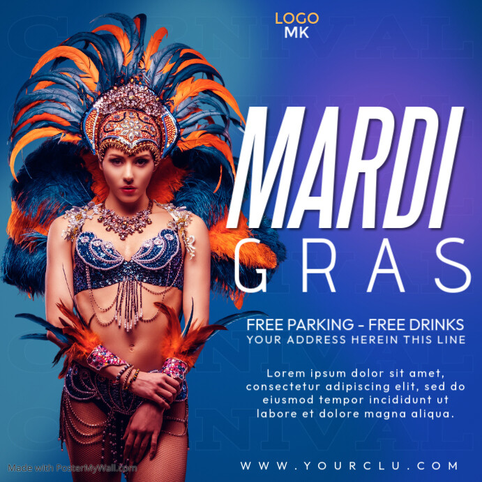 Blue Maximalist Mardi Party Instagram Post templaat | PosterMyWall