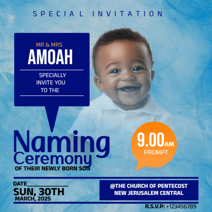 Plantilla de Blue Maximalist Naming Dedication Flyer Baby Naming ...