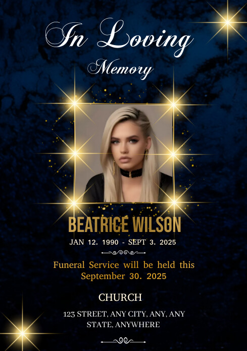 Blue Maximalist Obituary Flyer Template A4 | PosterMyWall