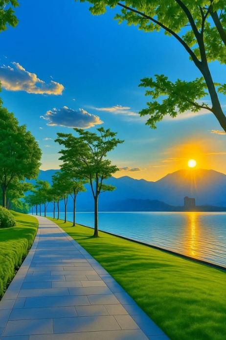 Blue Maximalist Peaceful Sunrise Lakeside Background Poster Template ...