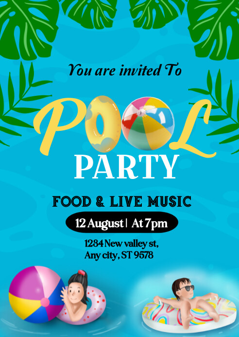 Blue Maximalist Pool Party Invitation A6 Templat | PosterMyWall