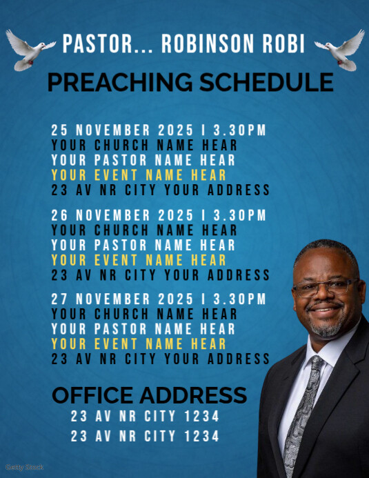 Plantilla de Blue Maximalist Preaching Schedule Pastor Sarvice Flyer ...