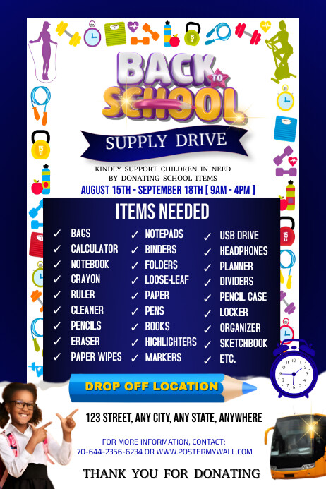 Blue Maximalist School Supply Drive Poster Template | PosterMyWall
