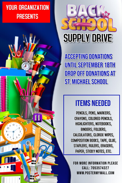Copy of Blue Maximalist School Supply Drive Template | PosterMyWall